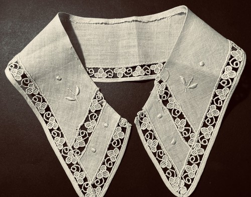 Vintage Unbleached Linen Collar Chemical lace Insert hand Embroidery 16 ...
