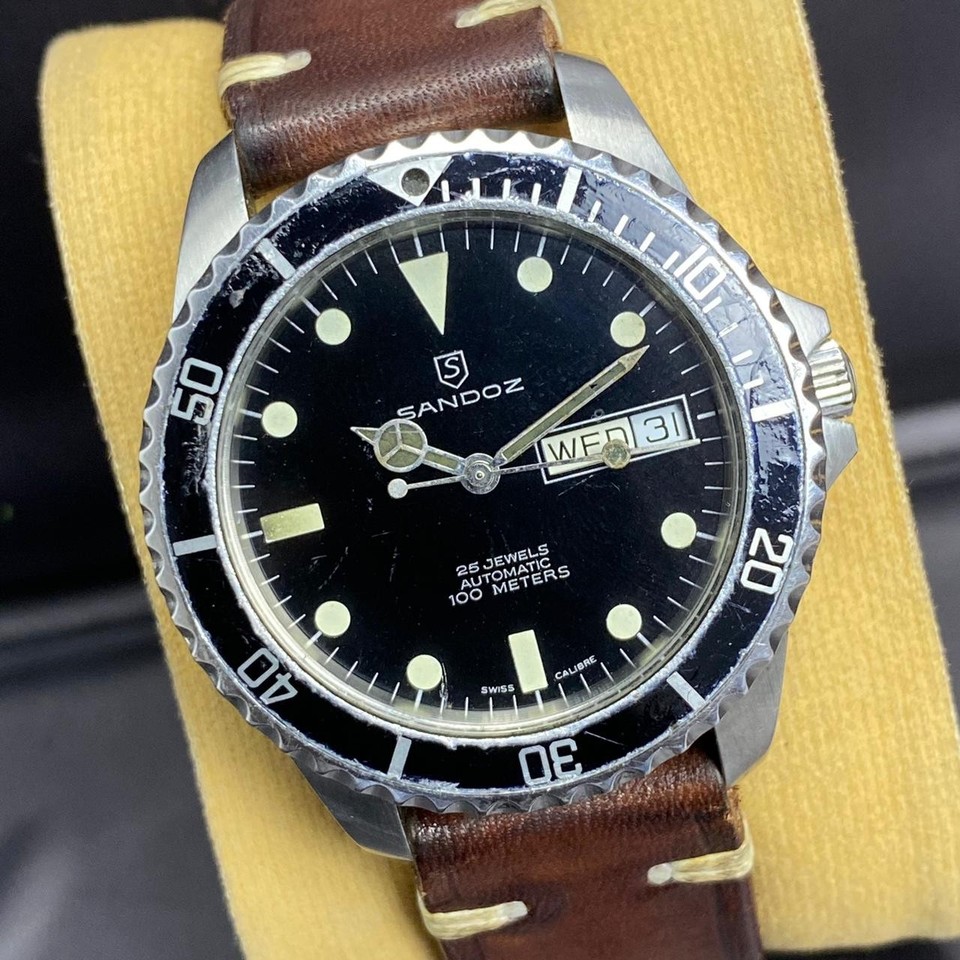 Rare Sandoz Diver Automatic 1958-0-70-8 Black Dial Day Date 25Jewels ...