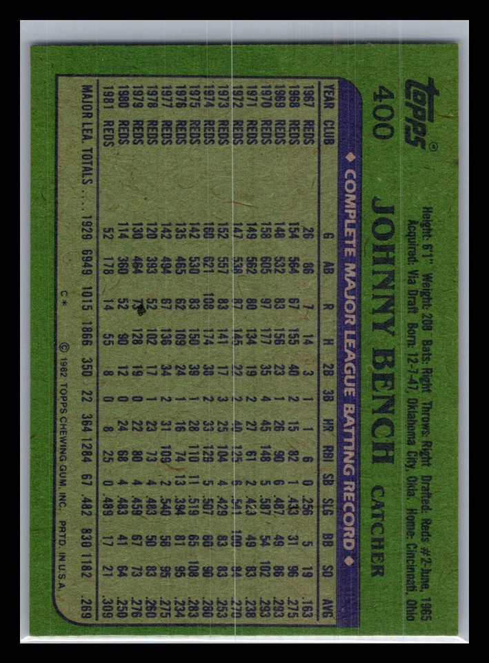 1982 Topps #400 Johnny Bench | eBay