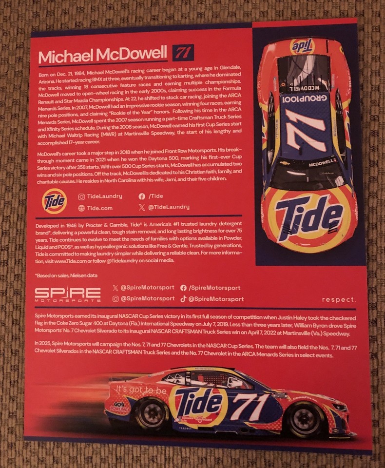 Nascar Driver #71 Michael McDowell Tide 2025 Postcard | eBay