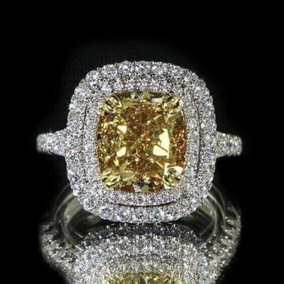 3Ct Cushion Cut Lab-Created canary Diamond Engagement Ring 14K White ...