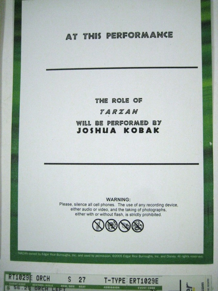 Tarzan Playbill October 2006 Richard Rodgers Theater Ticket Joshua ...