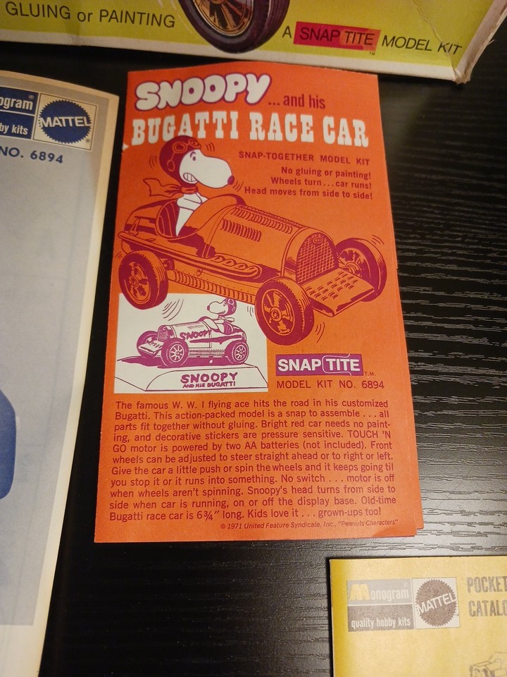 1970 Vintage Mattel Monogram Snoopy And His Bugatti Race Car SnapTite ...