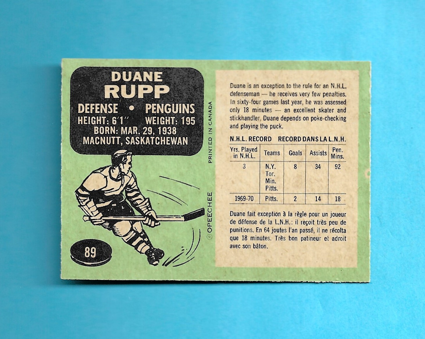 70-71 O-PEE-CHEE OPC Card # 89 DUANE RUPP PITTSBURGH PENGUINS SHARP! | eBay