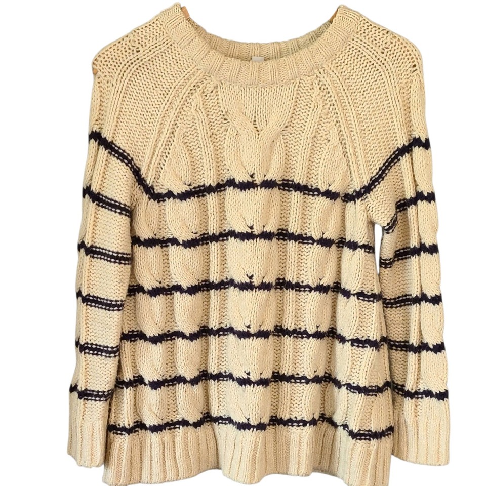 J. Jill Cable Knit Sweater Striped Blue Cream S Petite Preppy Boating ...