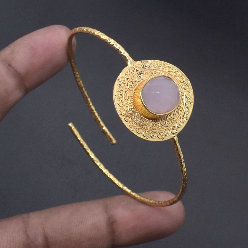 Vintage Rose Quartz Gold Plated Bangle Handcrafted Fashion Jewelry Gift ...