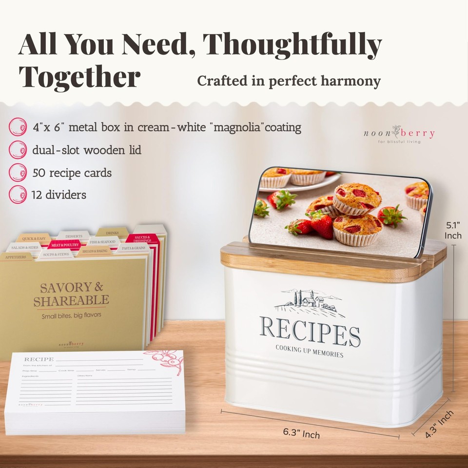 4x6 Recipe Card Box Set – Vintage Recipe Box with Wooden Lid & Phone ...