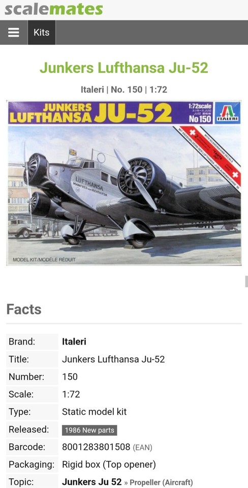 1986 Italeri Junkers Lufthansa Ju-521:72 Scale Kit #150 ☆New 100% ...