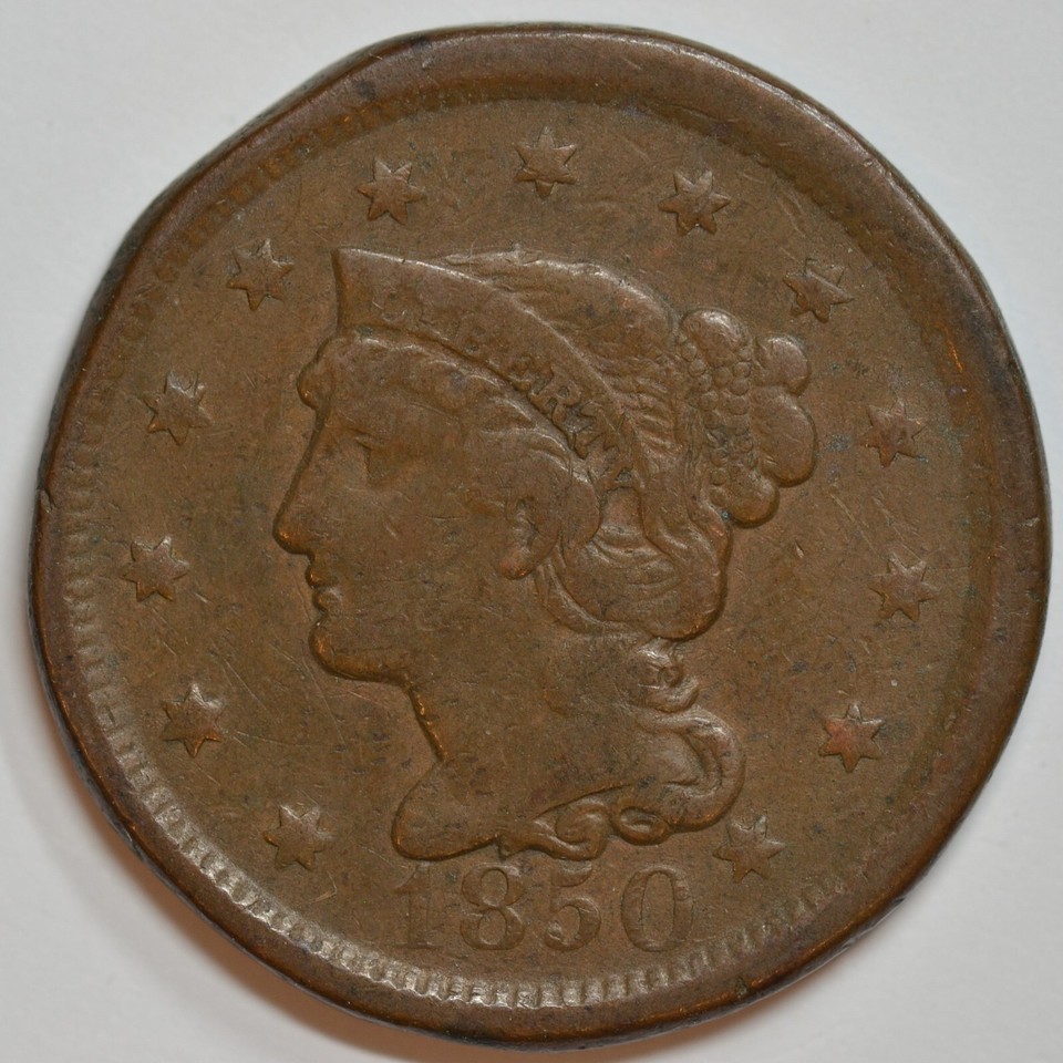 1850 Braided Hair Large Cent, Fine Details, Rim Damage, Ryan's Rare ...