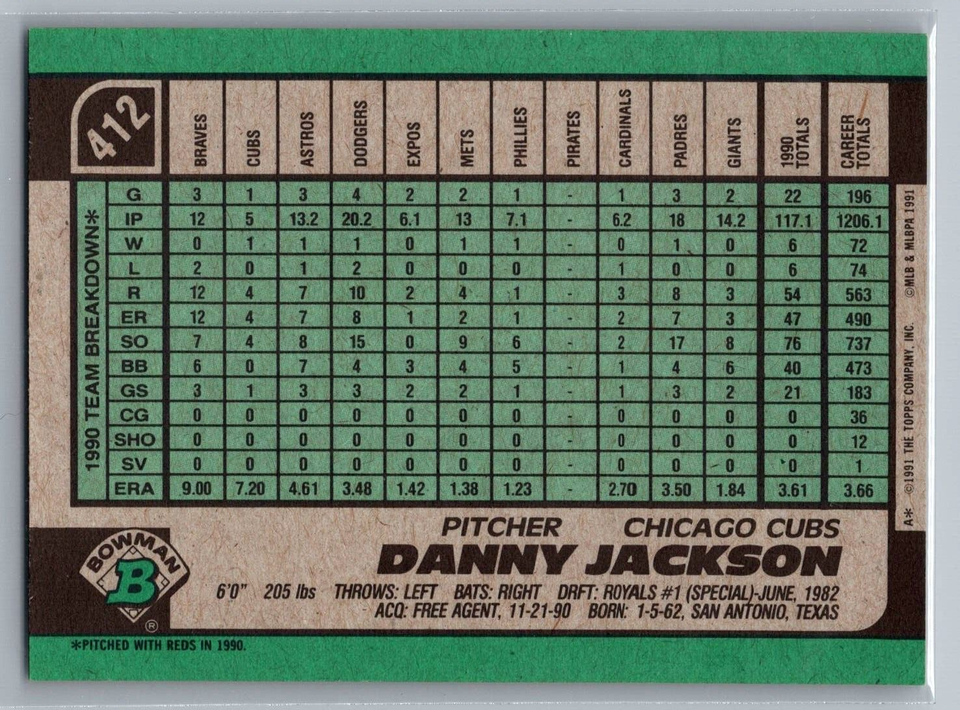 1991 TOPPS BOWMAN CARD # 412 Danny Jackson - Chicago Cubs | eBay
