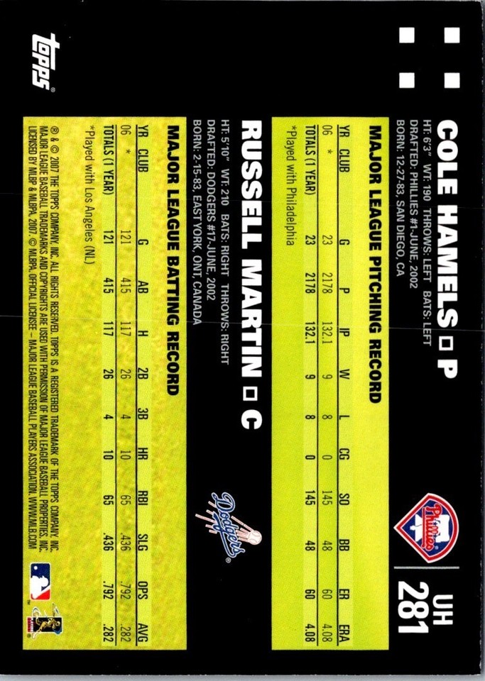 2007 Topps Updates & Highlights Cole Hamels/Russell Martin Baseball ...