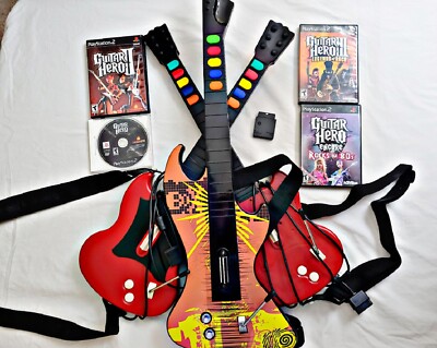 Guitar Hero PS2 Bundle: 2x Red Octane Guitars, 1 Wireless Guitar, 4 ...