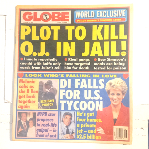Nov. 15, 1994 GLOBE Magazine Tabloid--PLOT TO KILL O.J. IN JAIL--DIANA ...