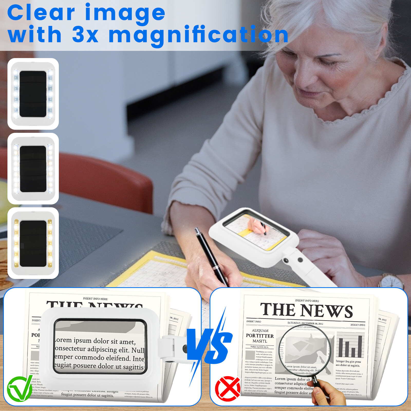 Square Magnifying Glass 3X Magnification 18 LED Handheld Reading ...