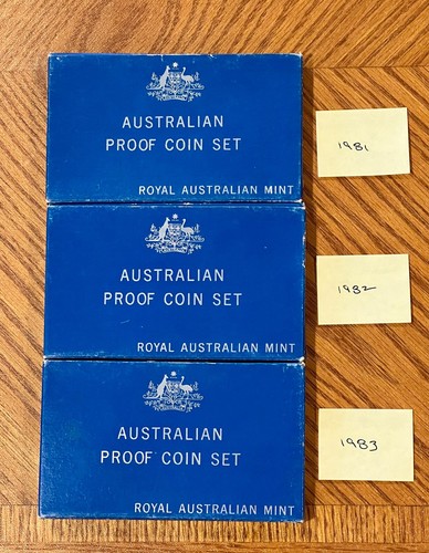 1981, 1982, 1983 Royal Australian Mint Proofs Sets, Lot of 3 Proof Coin ...