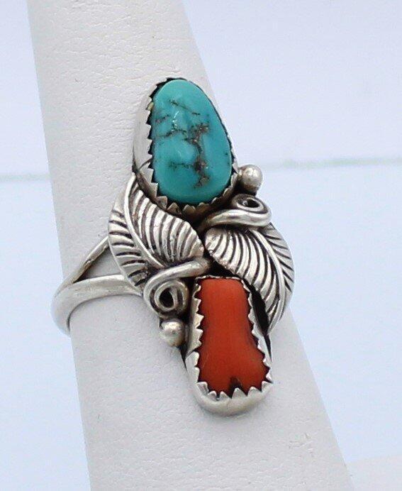 NAVAJO SIGNED D STERLING SILVER TURQUOISE RED CORAL FEATHER RING CALVIN ...