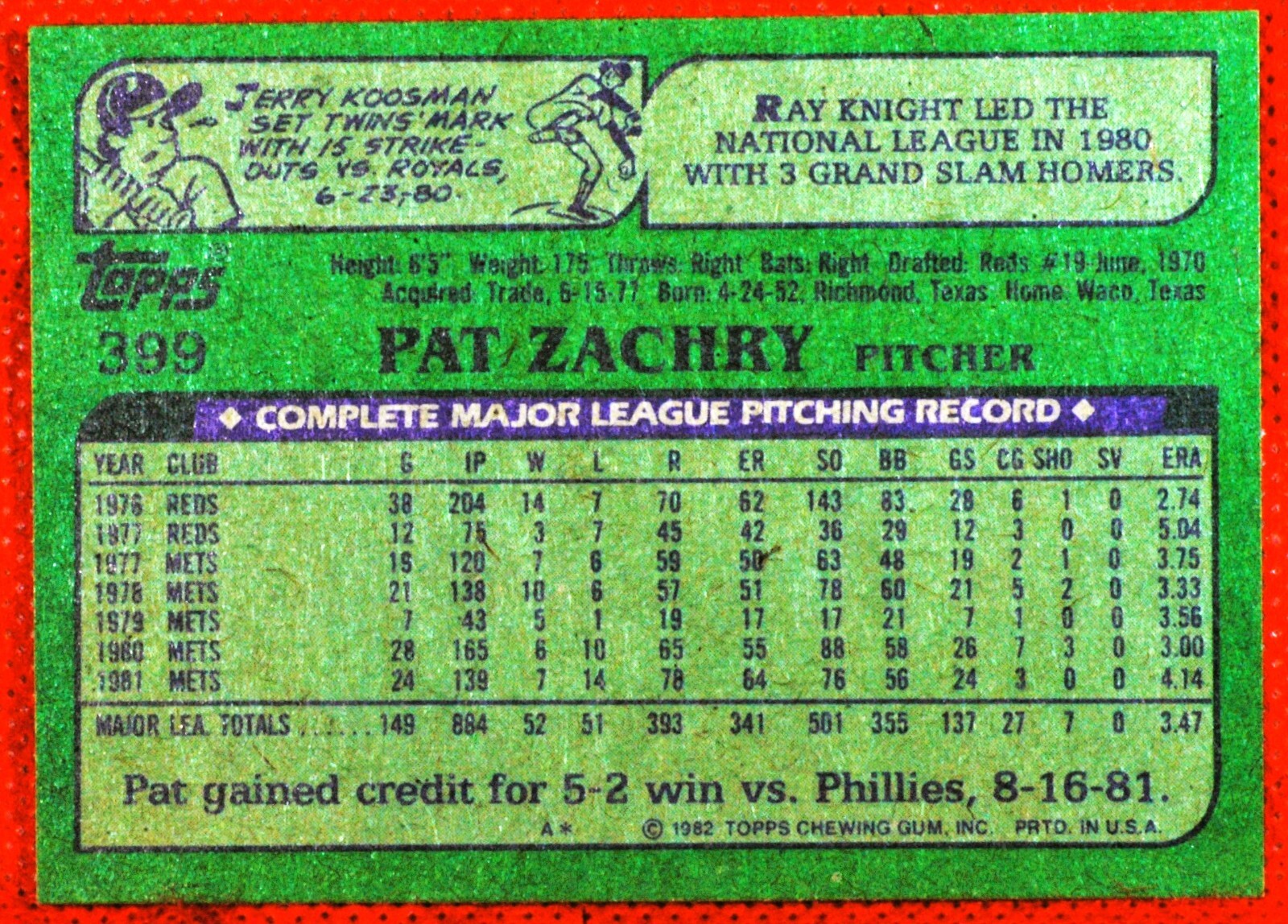 1982 Topps Pat Zachry #399 New York Mets.................S00283 | eBay