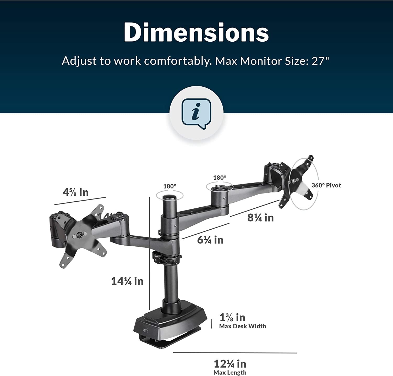 VARIDESK 41513 Dual-monitor Arm 180 Degree - Black for sale online | eBay