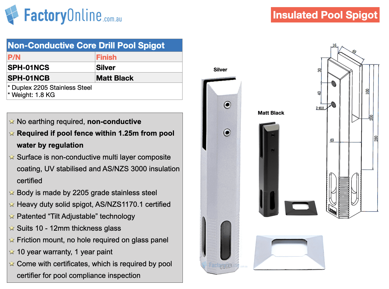 "No Earthing" Pool Spigot Core Drill Non-Conductive 2205 Glass Fencing ...