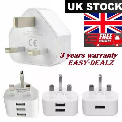 UK 3 Pin Dual USB Plug Adapter Mains Wall Charger 1/2/3-Port For Phones ...