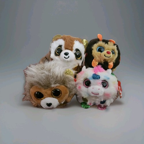 Brand NEW Ty Beanie Ball Ty PUFF lot Of 4 Unicorn Lion Bee And Racoon ...