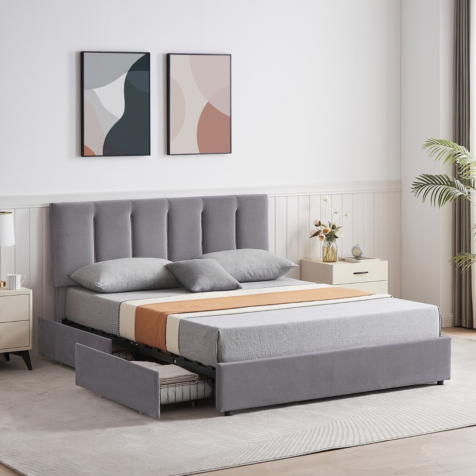 VECELO Upholstered Queen Full Bed Frame w/ 4 Storage Drawer Wooden Slat ...