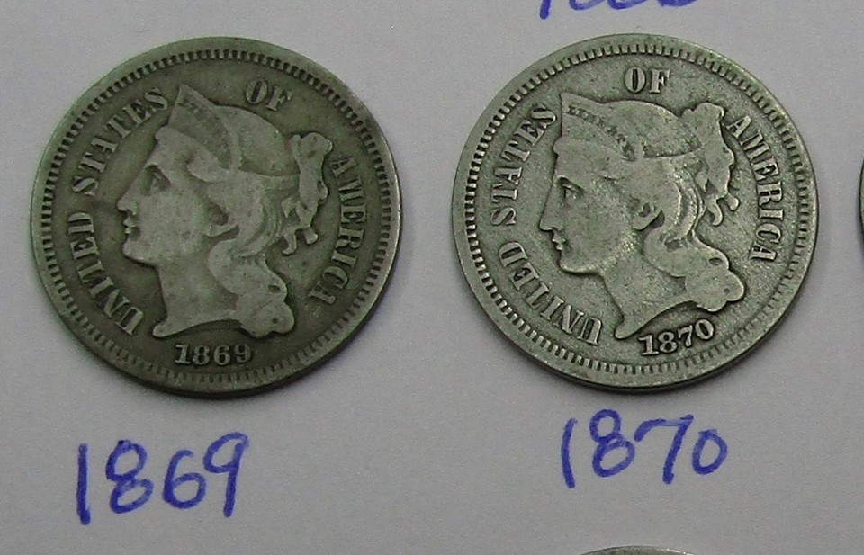 12 Coin Set - THREE-CENT PIECES 3C Type (1865-1881 different) SEE ...