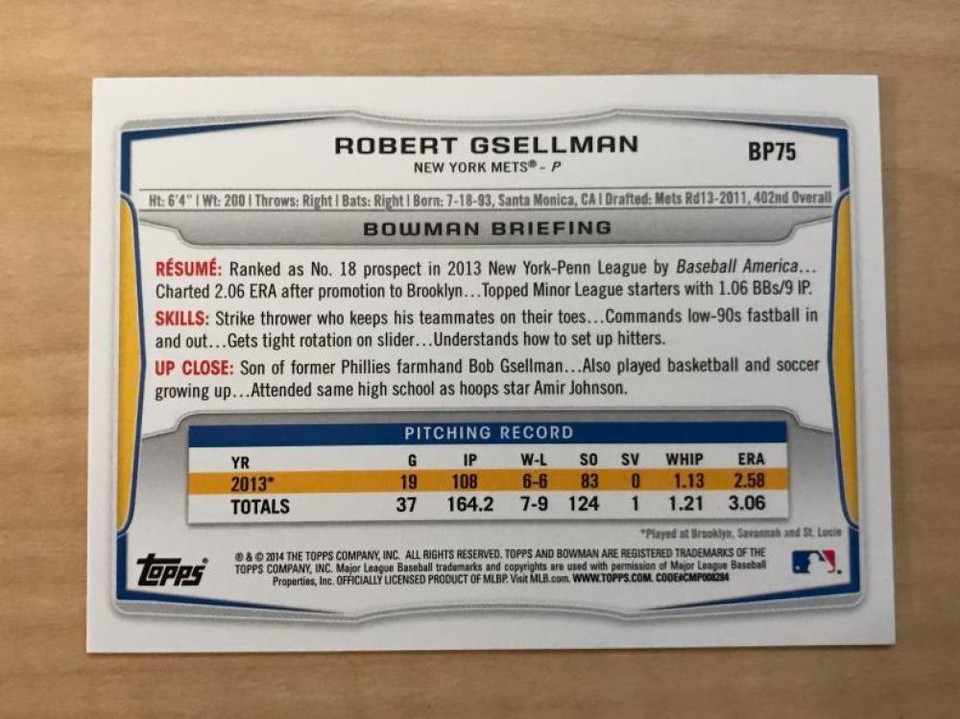 ROBERT GSELLMAN NEW YORK METS SIGNED AUTOGRAPHED 2014 BOWMAN CARD #BP75 ...