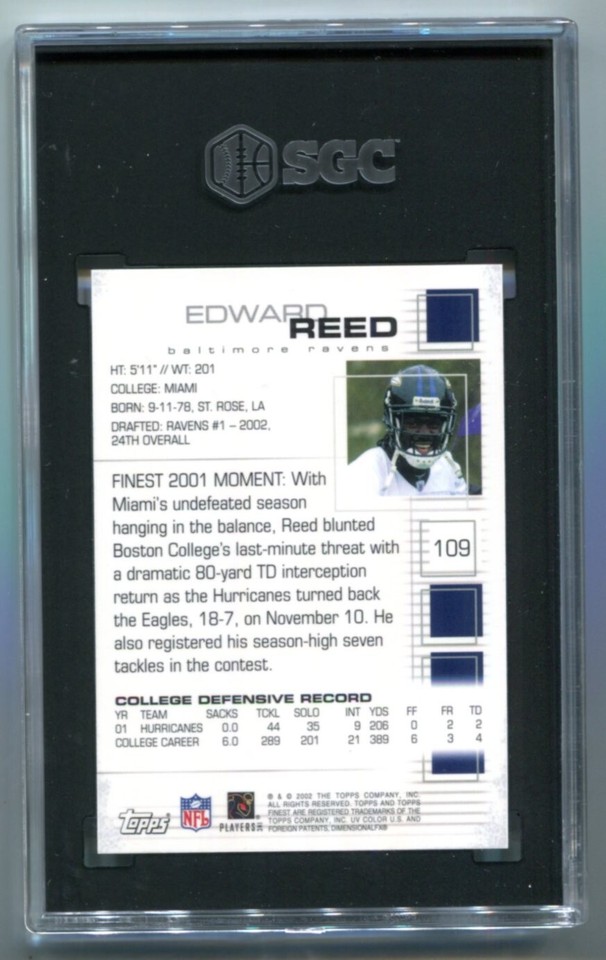 2002 Topps Finest Ed Reed RC #109 SGC 10 GEM MINT HOF 💎 | eBay