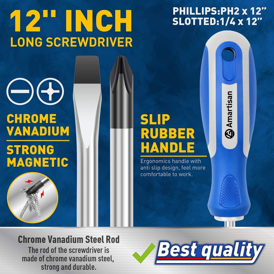 2-Piece 12'' long Screwdriver Set, Long Blade Screwdriver Set 12-Inch ...