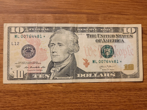 2013 Series $10 DOLLAR STAR NOTE--LOW SERIAL N # ML00764481*--VERY NICE ...