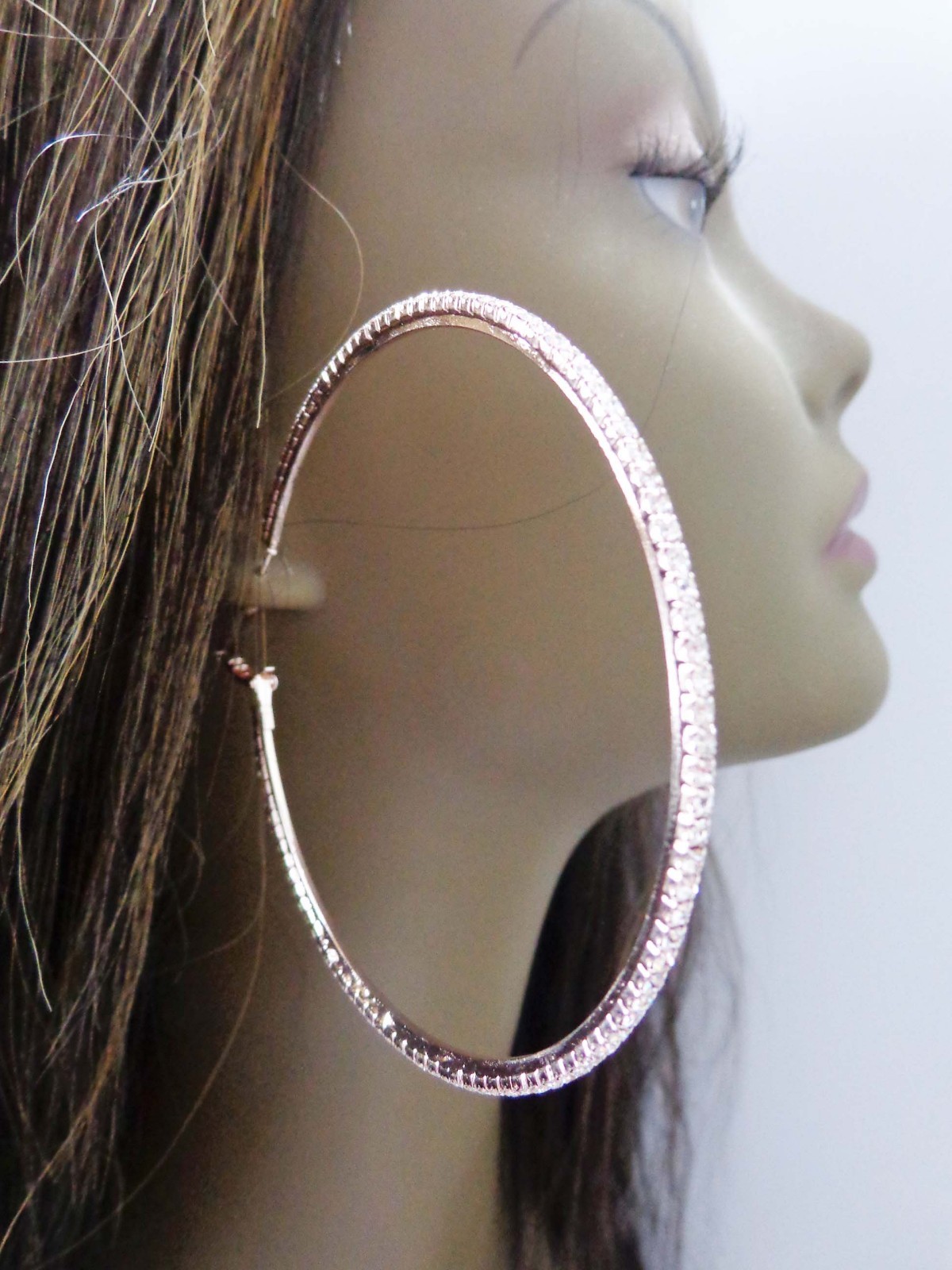 RHINESTONE HOOP EARRINGS ROSE GOLD PLATED 4 INCH HOOPS CRYSTAL LARGE ...