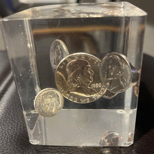 1958 US Proof Set Coins In Lucite Cube Paperweight Franklin Half Dollar ...