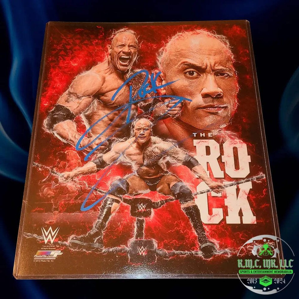 *WWE THE ROCK SIGNED AUTOGRAPHED 8X10 ROCK PHOTOFILE COLLAGE BLUE INK # ...