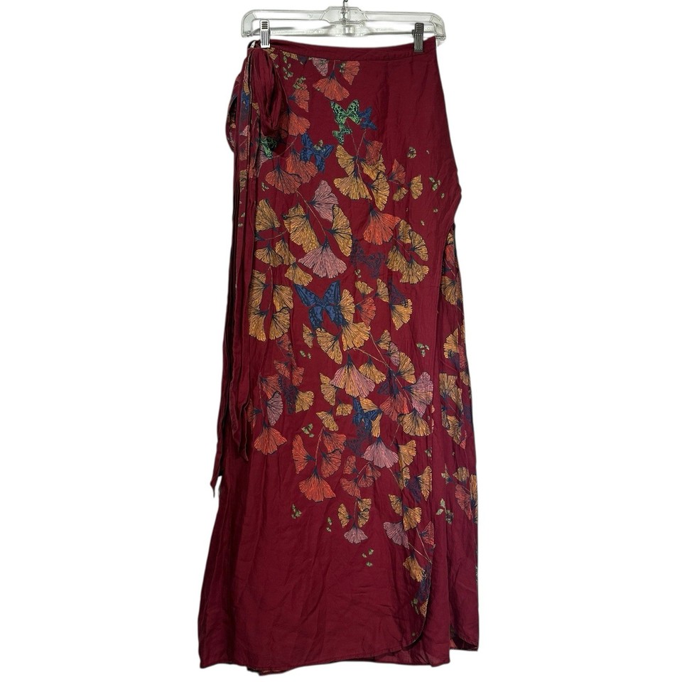 Free People Bri Bri Butterfly Maxi Skirt Side Slit Red Combo Faux Wrap ...