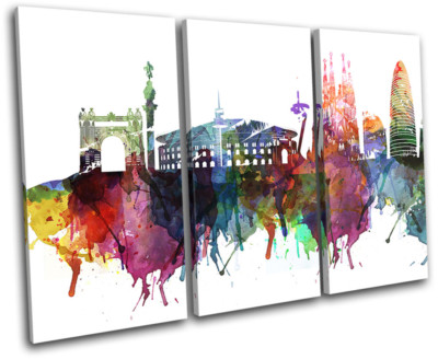 Barcelona Watercolour Style Abstract City TREBLE CANVAS WALL ART ...