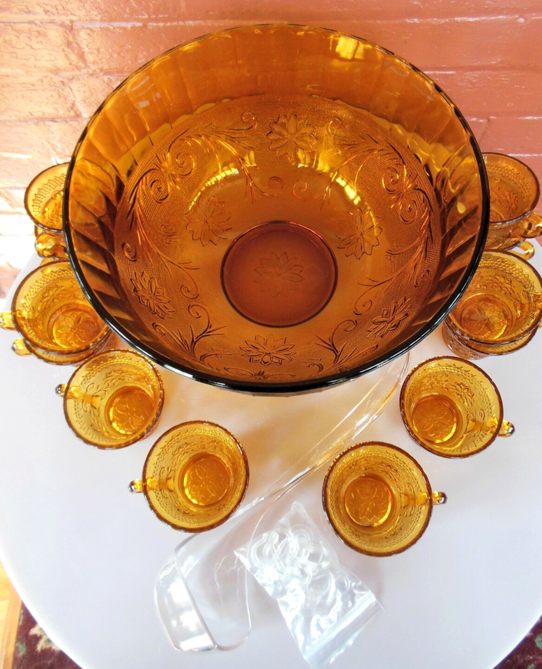 Tiara Indiana Glass Amber Sandwich Punch Bowl & Ladle & Cups & Hooks 26 ...