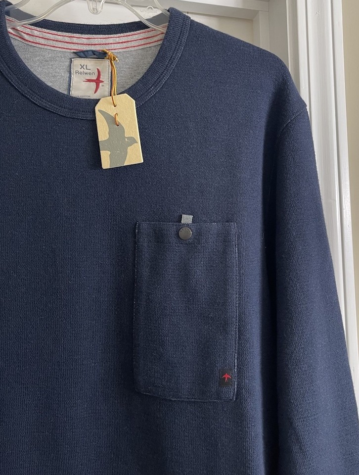 NWT Relwen Logo Micro-Waffle Crew L/S Navy Blue Pocket Sweater Men's Sz ...