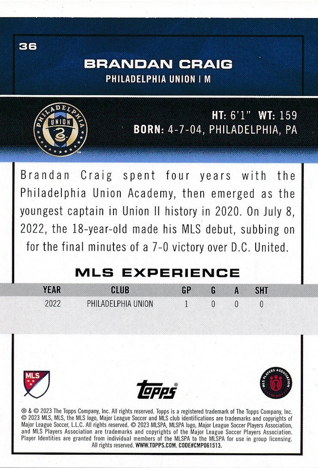 #36 BRANDAN CRAIG 2023 Topps MLS Soccer RC PHILADELPHIA UNION | eBay