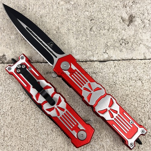Falcon 3D Mold Punisher Skull Spring Assist Stiletto Knife Black Red ...