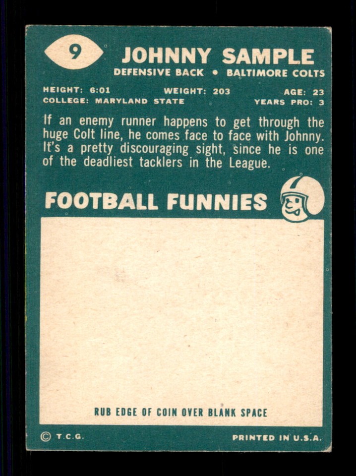 1960 Topps #9 Johnny Sample - Crease Free | eBay