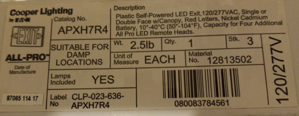 COOPER LIGHTING EATON ALL PRO LED EXIT SIGN APXH7R4 | eBay