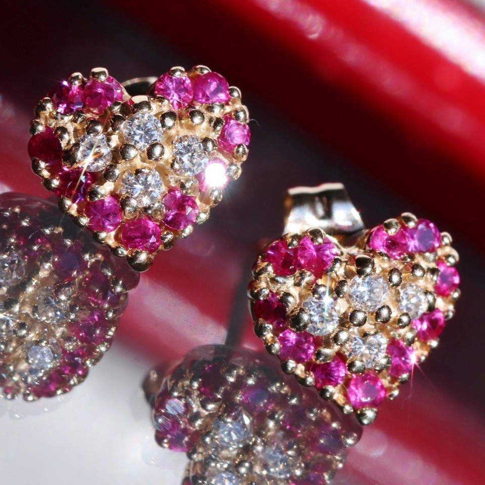 14k yellow gold earrings 0.34ct natural diamond lab created ruby heart stud 1.5g | eBay