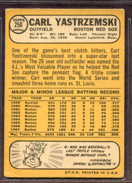 1968 Topps Set-Break #250 Carl Yastrzemski LOW GRADE (crease) *JAYSACE ...