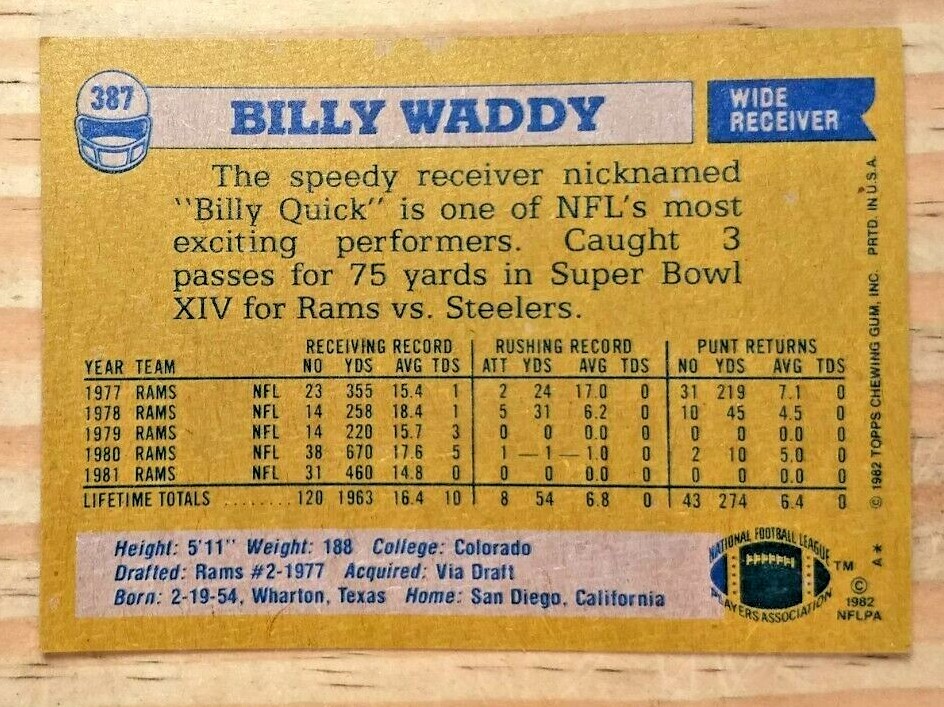 1982 TOPPS BILLY WADDY CARD#387 NR-MINT COLORADO BUFFALOES LOS ANGELES ...