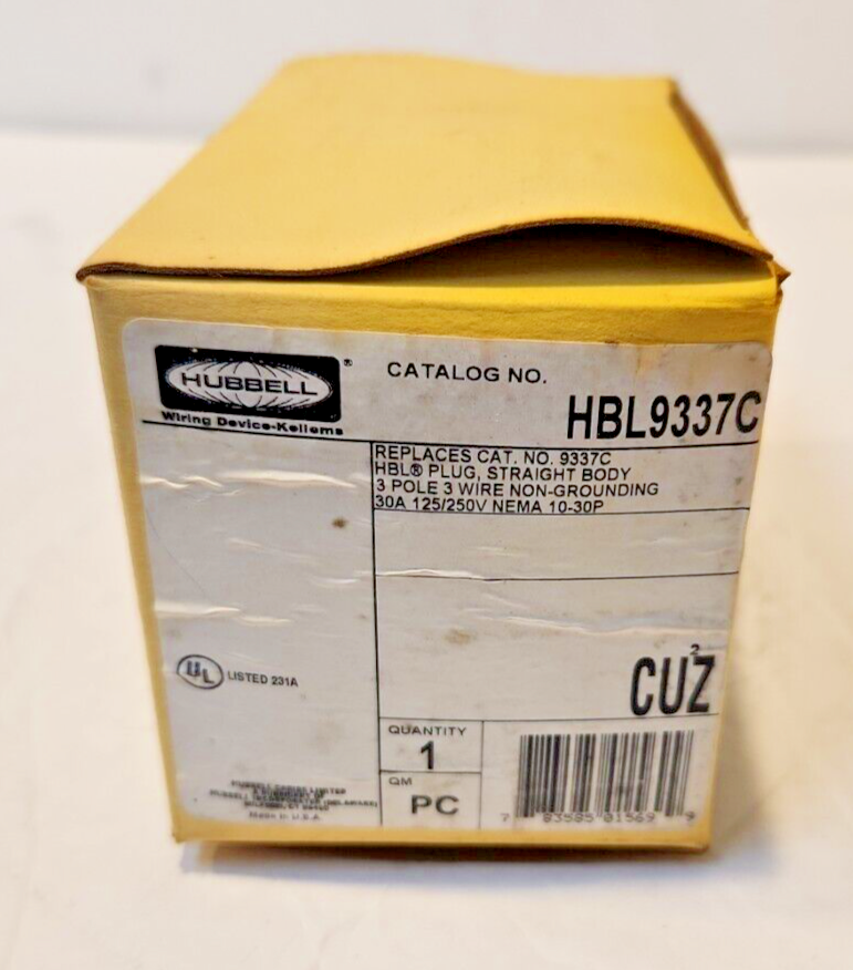 Hubbell HBL9337C Straight Blade Male Plug 3P 3W 30A 125/250V NEMA 10 ...