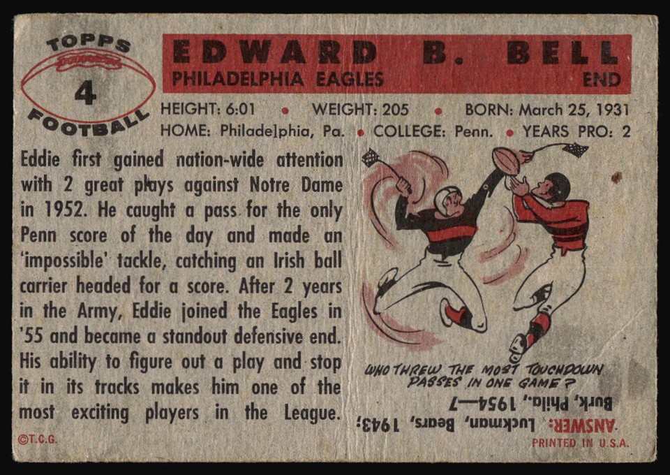 1956 Topps Eddie Bell #4 Philadelphia Eagles | eBay