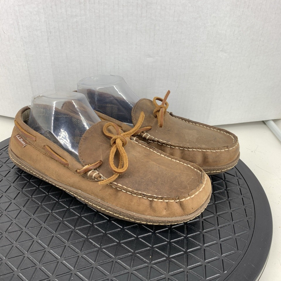 LL Bean Slippers Men Size 8 Shoes Brown Leather Flannel Lined Moccasins ...