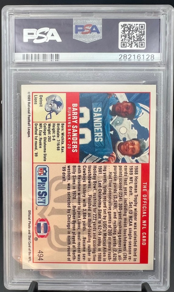 1989 Barry Sanders Rookie #494 Pro Set PSA 10 GEM MINT Detroit Lions ...