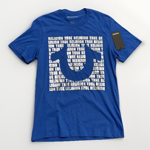 True Religion T-Shirt Mens Small Script Tee Blue Metallic Graphic Print ...